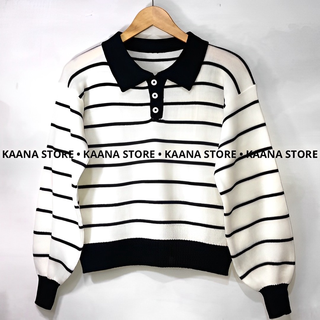 Jual Polo Stripes Knit Import - Atasan Polo Rajut Wanita - Korean Polo Knit TM (51047) / striped ...