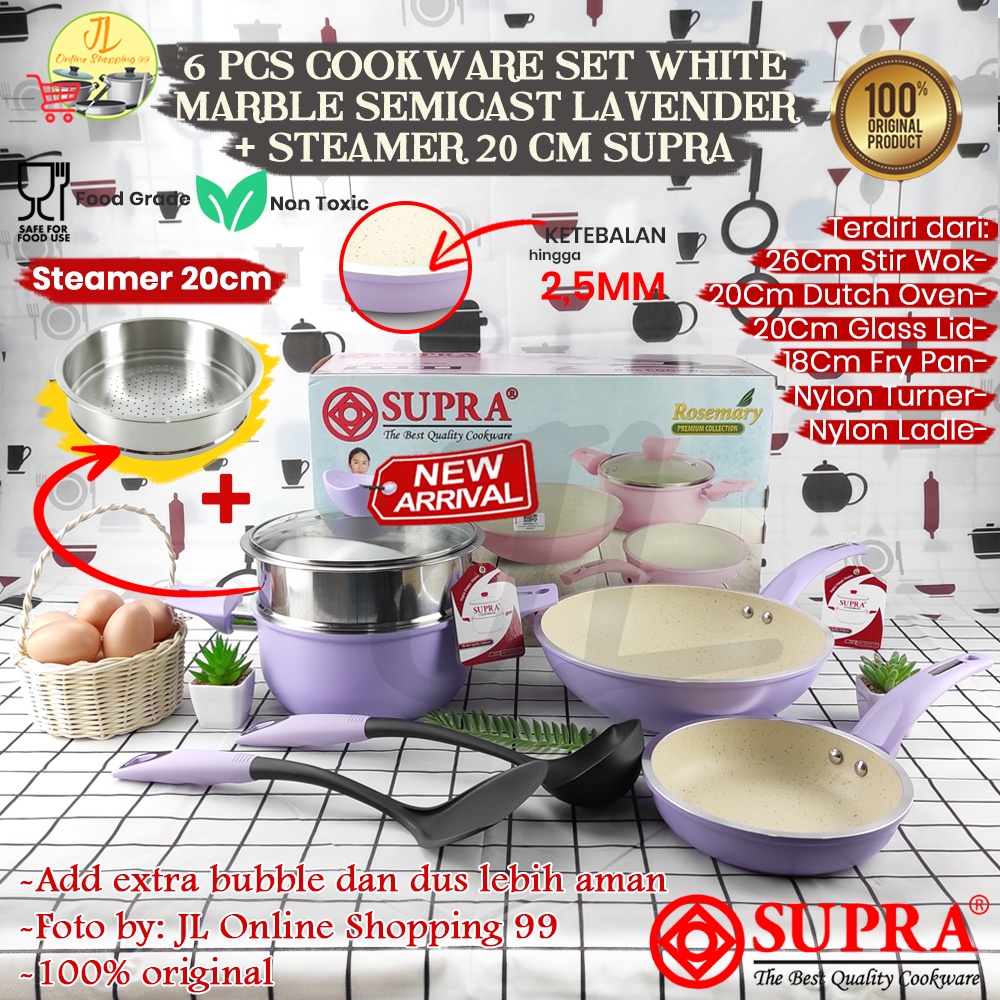 Jual SUPRA Panci set 6pcs white marble Lavender + steamer / cookware ...