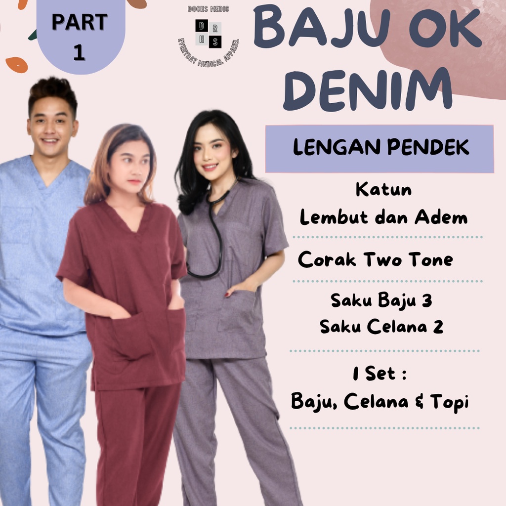 Jual Baju OK DENIM / Baju Jaga / Scrub Medis DENIM Lengan Pendek DOCHS ...