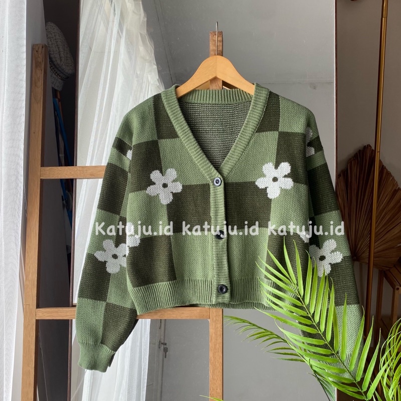 Jual CARDIGAN LAURA RAJUT CROP MOTIF KOTAK BUNGA - CARDIGAN LAURA CROP ...
