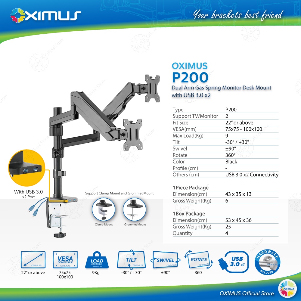 Jual BRACKET MONITOR GAS SPRING OXIMUS P200 TILT SWIVEL ROTATE USB 3.0 ...