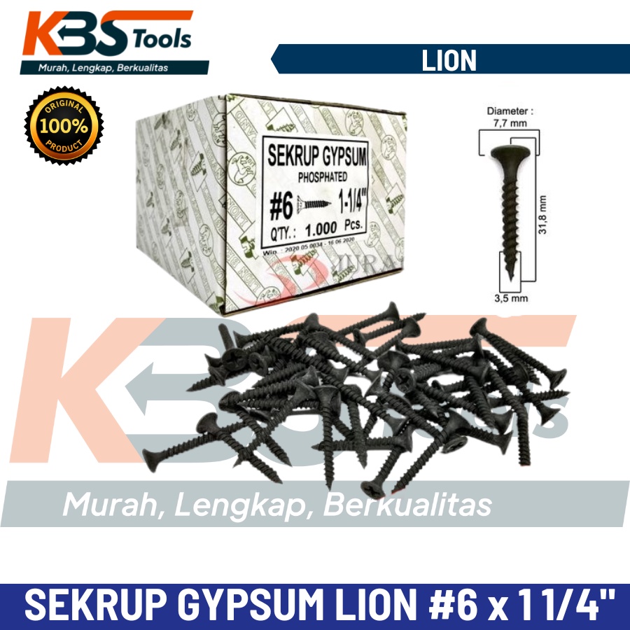 Jual Baut Sekrup Gipsum LION 6mm x 1-1/4" Skrup Gypsum Tajam 1 Box ...