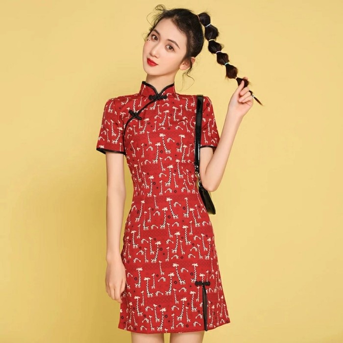 Jual red giraffe print modern cheongsam / dress qipao / baju imlek ...