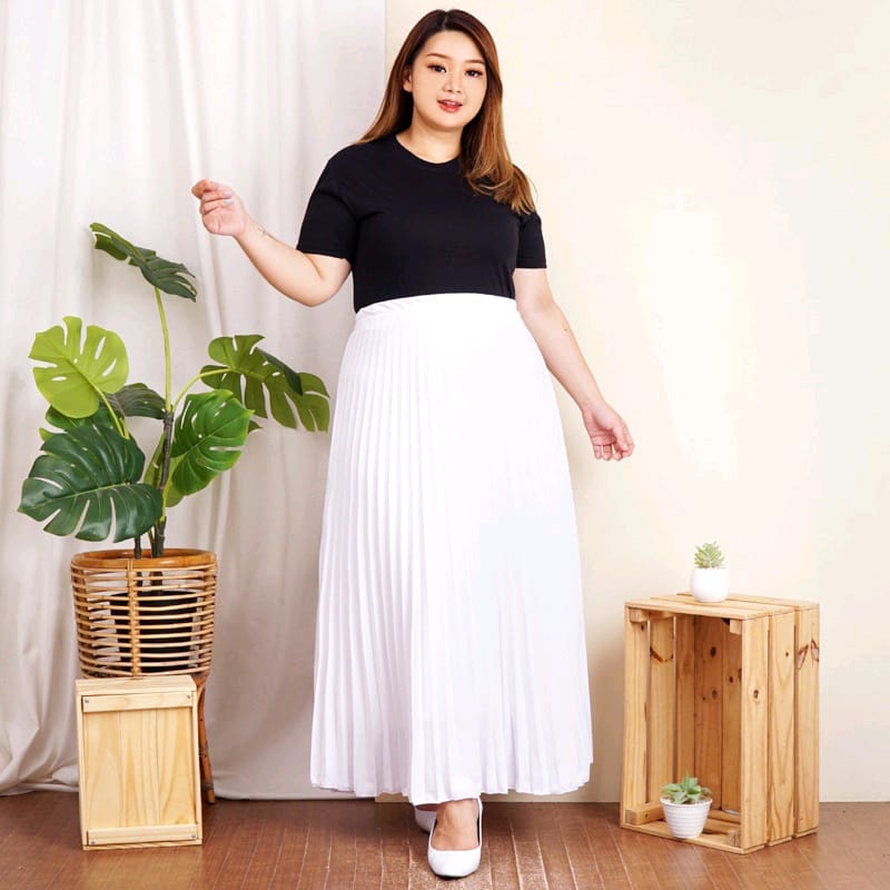 Jual Rok Plisket Jumbo XXL Putih Ada Furing Bahan Hyget Premium Pleated Skirt Melar Mayung untuk ...