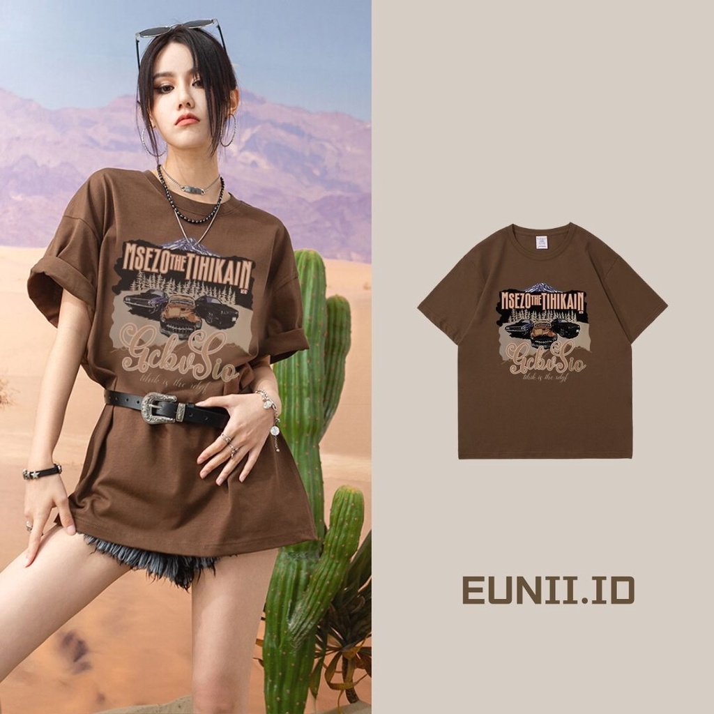 Jual EUNII Brown T-shirt Lengan Pendek Retro Car Printing Korean Style ...