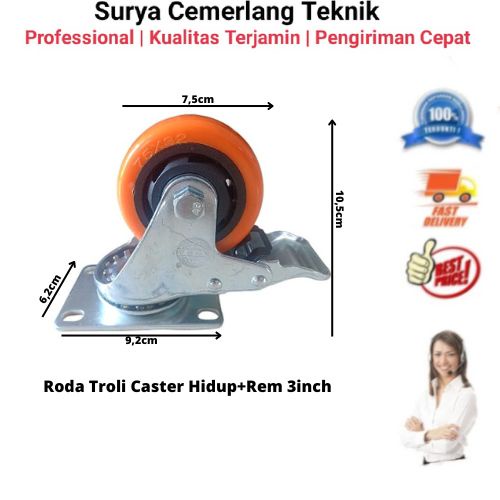 Jual Roda Troly Troli PU 3 inch hidup rem Double Bearing caster castor Heavy duty - Hidup Rem ...