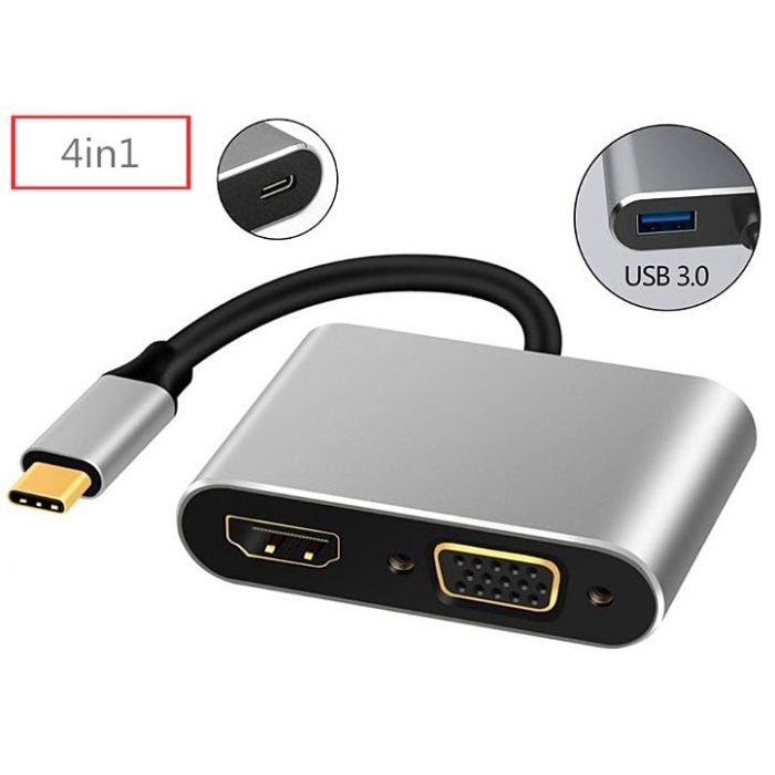 Jual Converter USB Type-c To Hub PD USB 3.0 HDMI VGA 4in1 adapter 4K ...