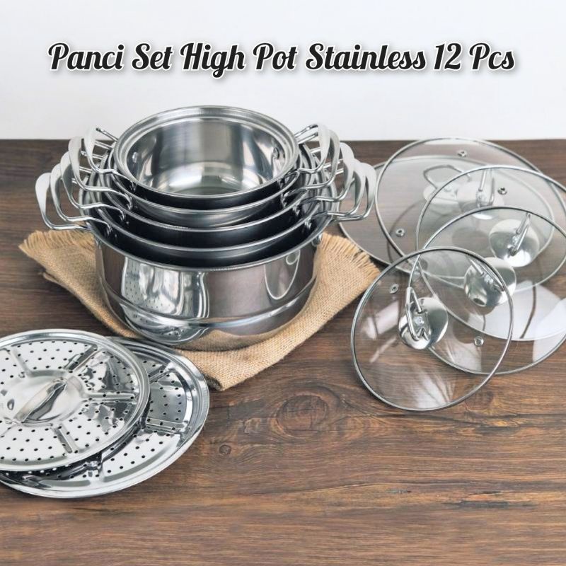 Jual [1 Set] Panci Set High Pot Stainless Steel 12 Pcs Cookware Set ...