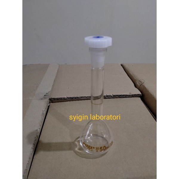 Jual labu ukur atau volumetrik flask 50 ml pyrex with stoper plastik ...