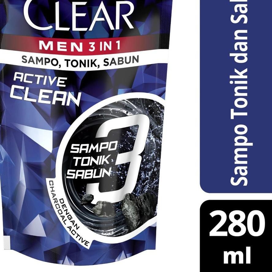 Jual Clear 3 in 1 Shampoo & Sabun Active Clean Charcoal 280ml Pouch ...