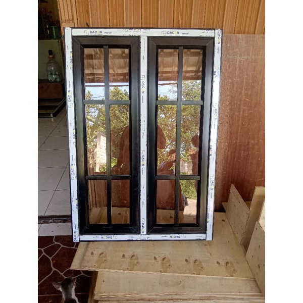 Jual kusen + jendela L80xT120 aluminum ornamen 2 daun lengkap 3inci ...