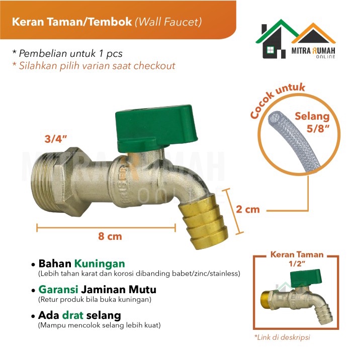 Jual Keran Air Tembok Taman Kamar Mandi Kuningan 3/4" bkn Kran Cebol ...