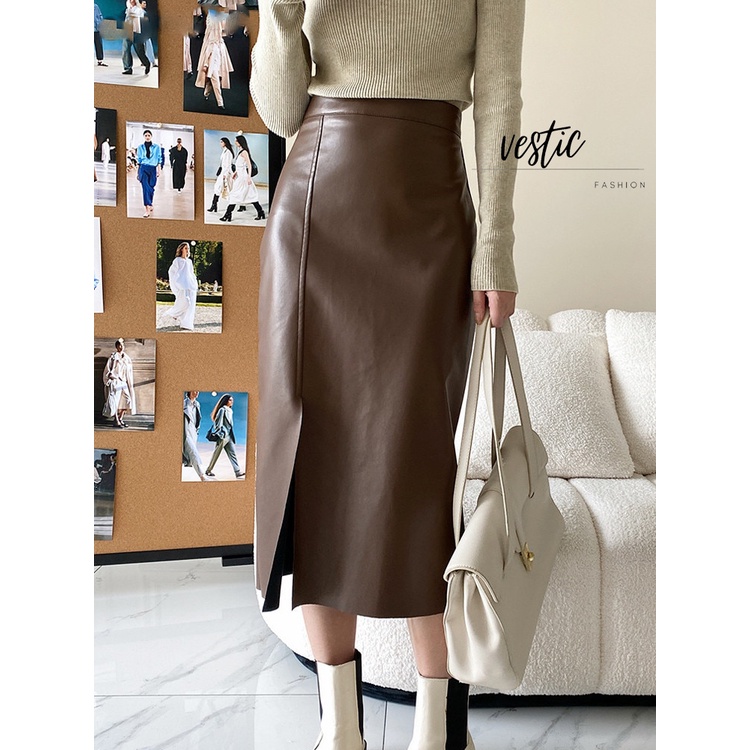 Jual Rok Kulit PU Rok Midi Mocca and Black Wanita Korea Style Model ...