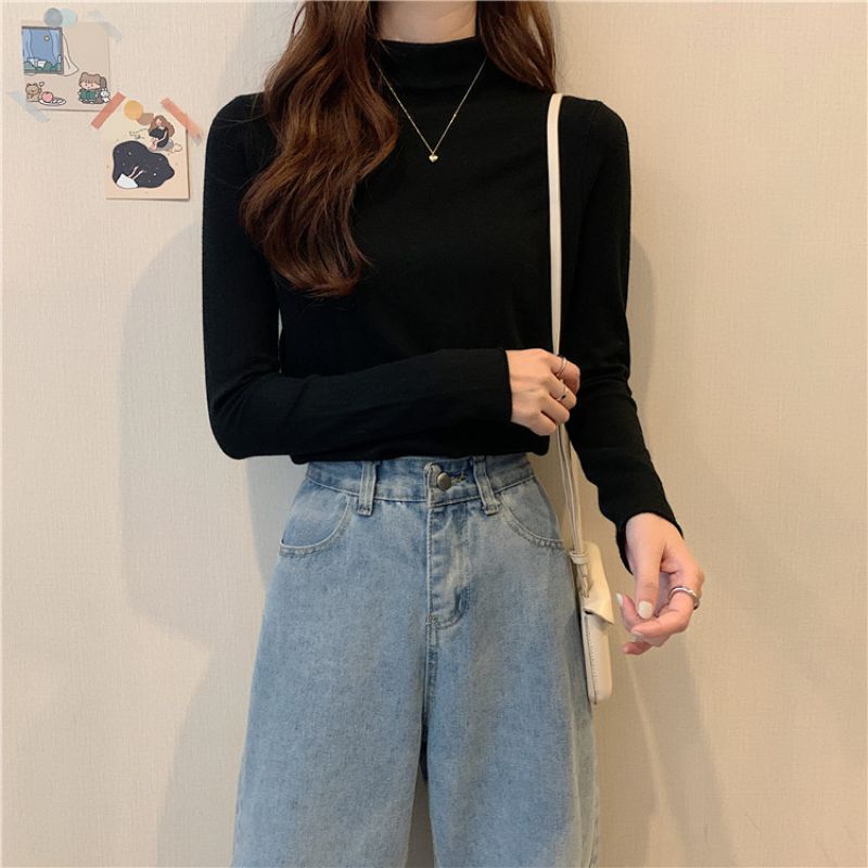 Jual ESW Baju Wanita Lengan Panjang Middle Collar Kaos knit / RIB | Shopee Indonesia