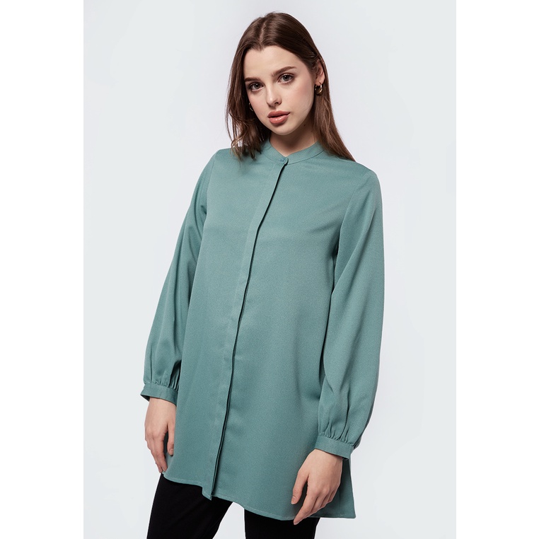 Jual Executive Mandarin Collar Puff Sleeves Tunic Jade | Shopee Indonesia