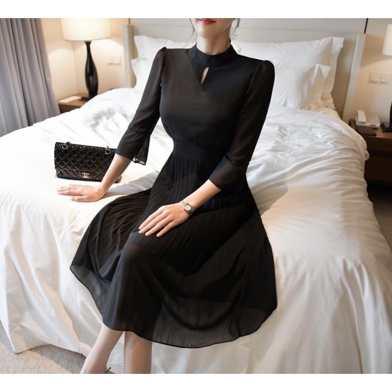 Jual Malama Dress Korean Simple Basic Polos Rapi Sopan Midi Dinner ...