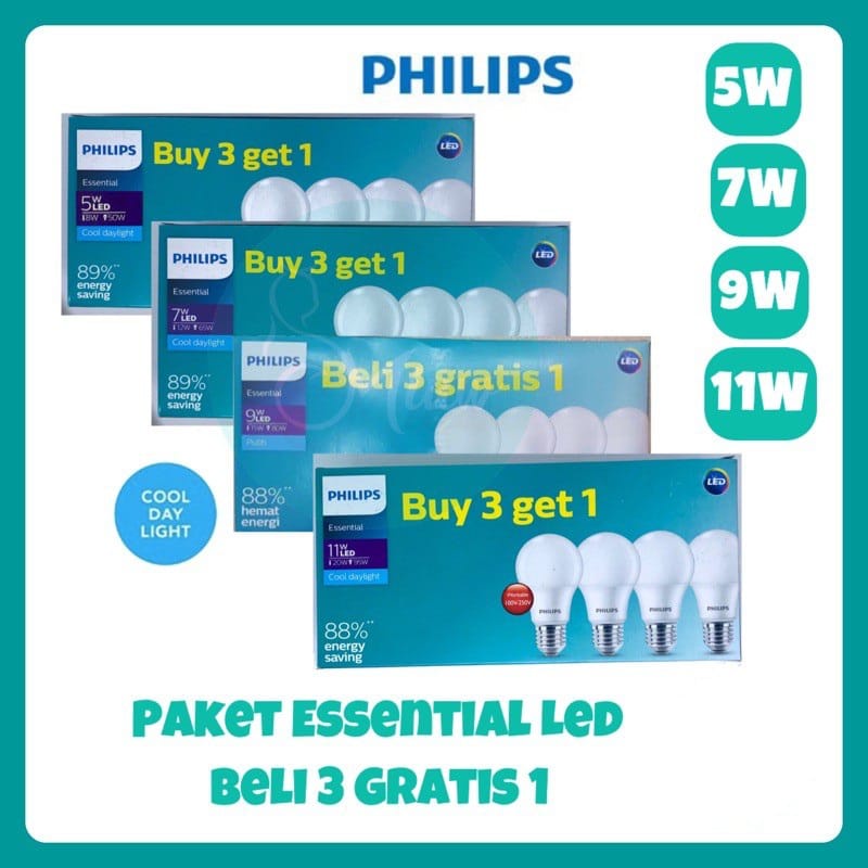 Jual LAMPU LED PHILIPS ESSENTIAL PAKET 5W 7W 9W 11W PUTIH ( 5 7 9 11) MULTIPACK PROMO KEMASAN ...