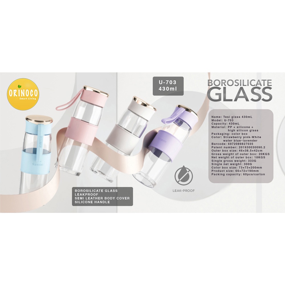 Jual Orinoco Botol MinumKaca U-703 Borosilicate GlassBottle Leakproof ...
