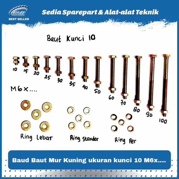 Jual Baud Baut Mur Kuning ukuran kunci 10 M6x70 M6x80 M6x90 M6x100 ...