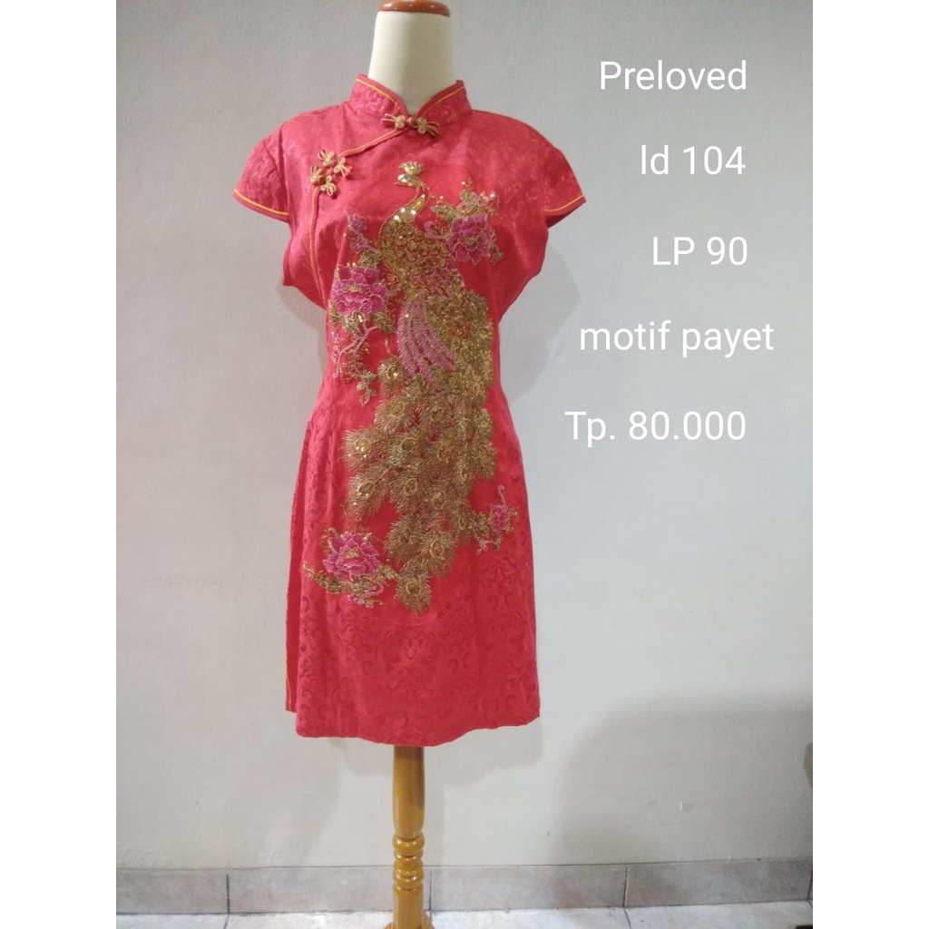 Jual [PRELOVED] Dress Cheongsam Kerah Shanghai Merah Burung Merak Payet ...