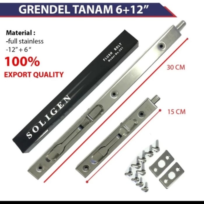 Jual Grendel Grendel Tanam Stainless Soligen 6+12" Selot Pintu 2 Flush ...