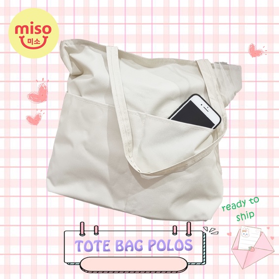 Jual miso tote bag polos kanvas simple korea pocket / tas totebag wanita resleting sekolah ...