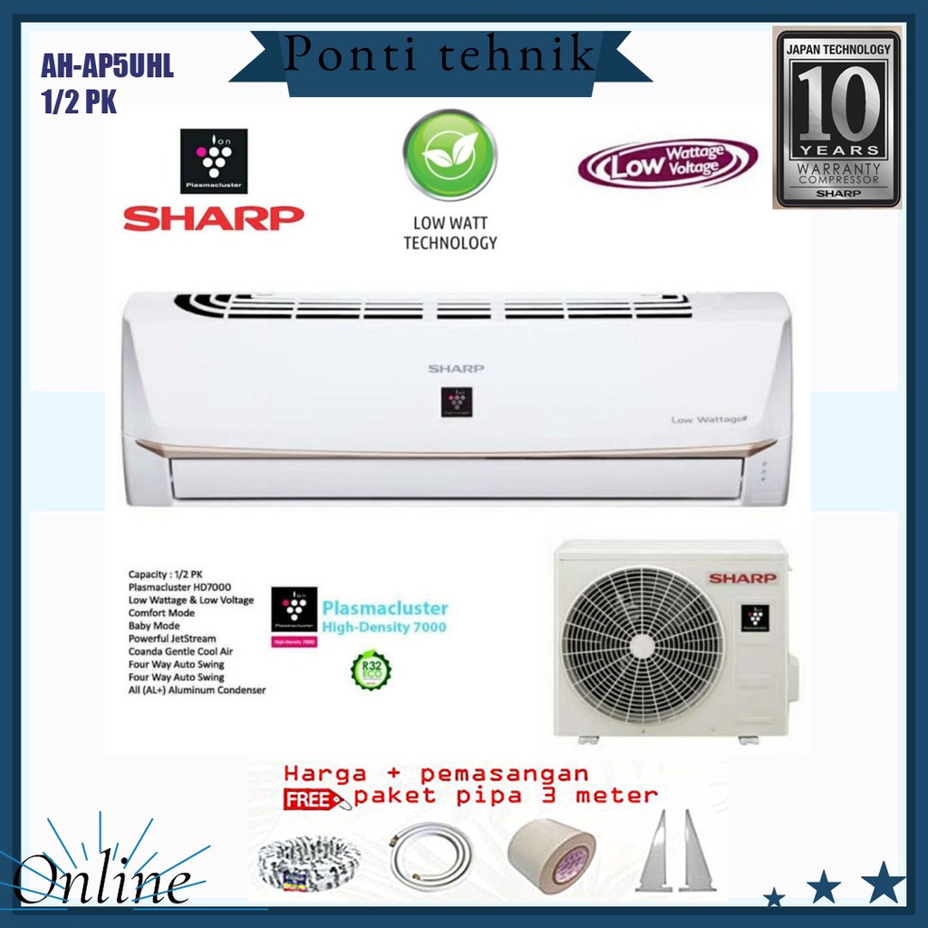 Jual AC SHARP AH-AP 5UHL LOWAT PLASMACLUSTER 1/2 PK+PEMASANGAN | Shopee Indonesia