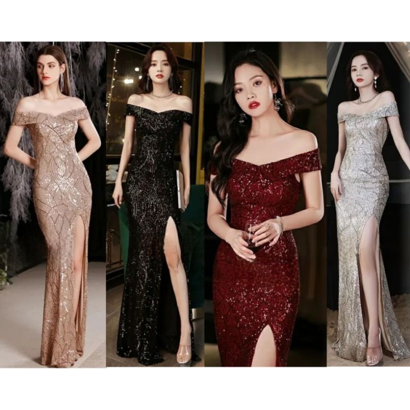 Jual dress sequin sabrina glitter glitery gold maron red silver gown ...