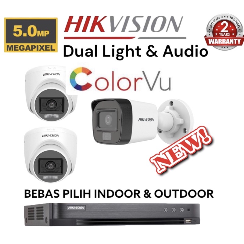 Jual paket camera cctv 3 kamera hikvision 5mp dual light colorvu + audio build built in mic 4 ...