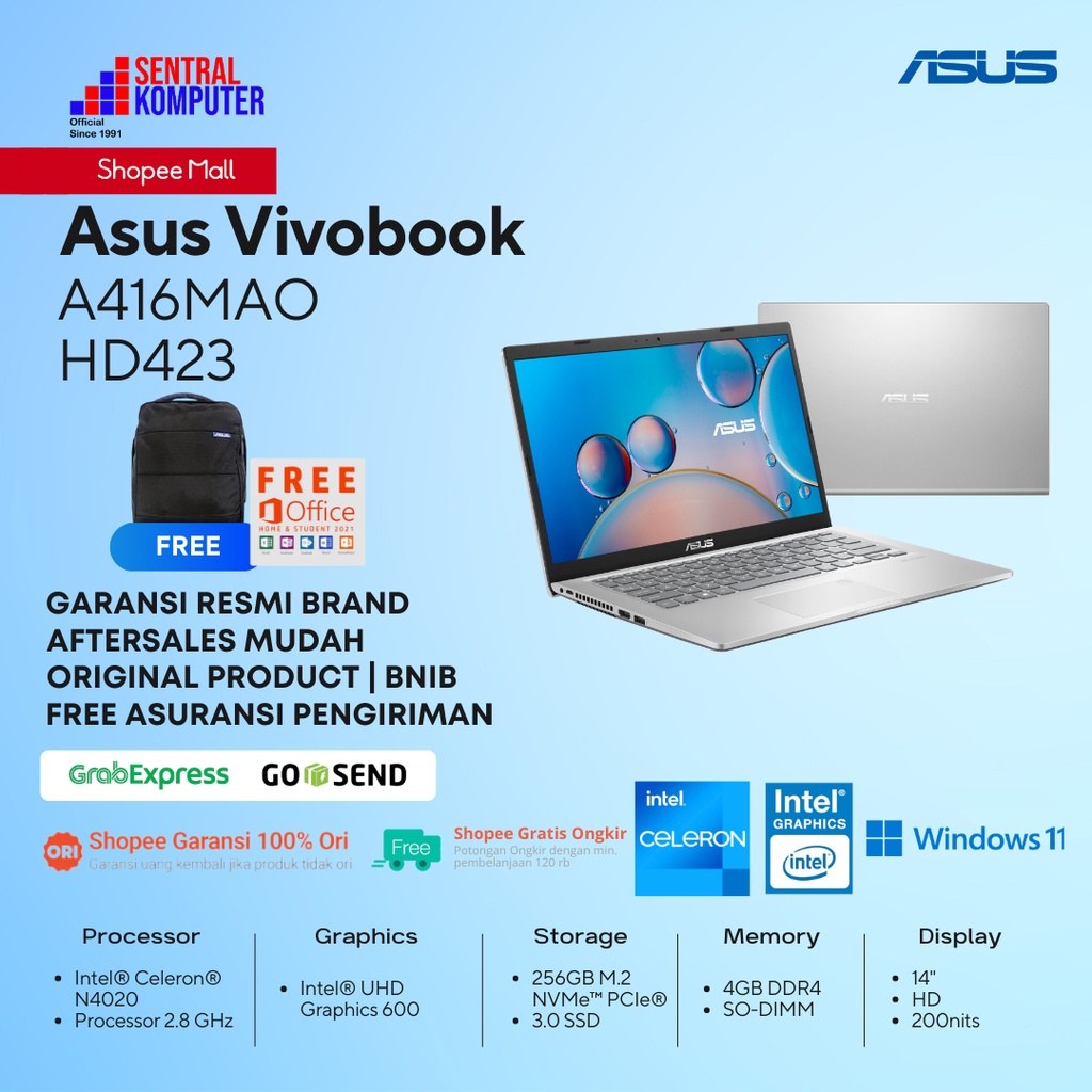 Jual Asus A416MAO-HD423 Celeron N4020-4GB-256GB SSD-Win 11+OHS | Shopee ...