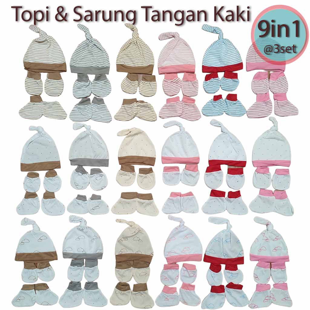 Jual 9in1 isi 3 Topi Bayi 3 Pasang Sarung Tangan 3 Pasang Sarung Kaki Bayi / Set Topi Sarung ...