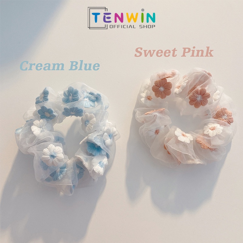 Jual Scrunchie Emma Tile Bordir ikat rambut tile bunga flower biru ...