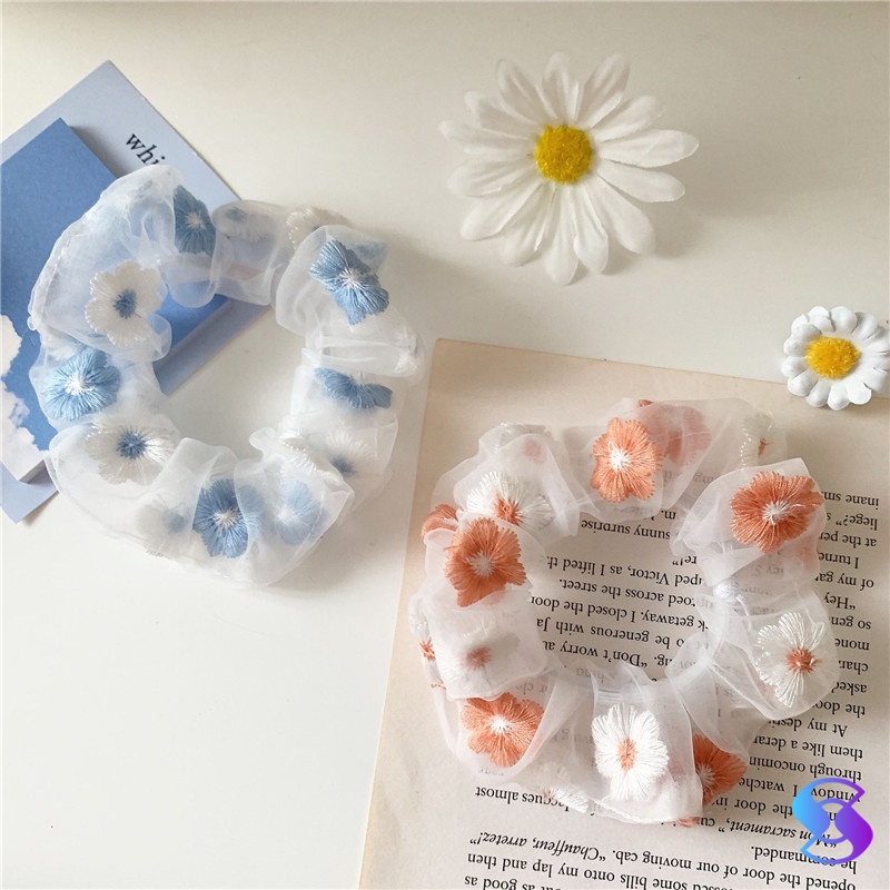 Jual Scrunchie Emma Tile Bordir ikat rambut tile bunga flower biru ...