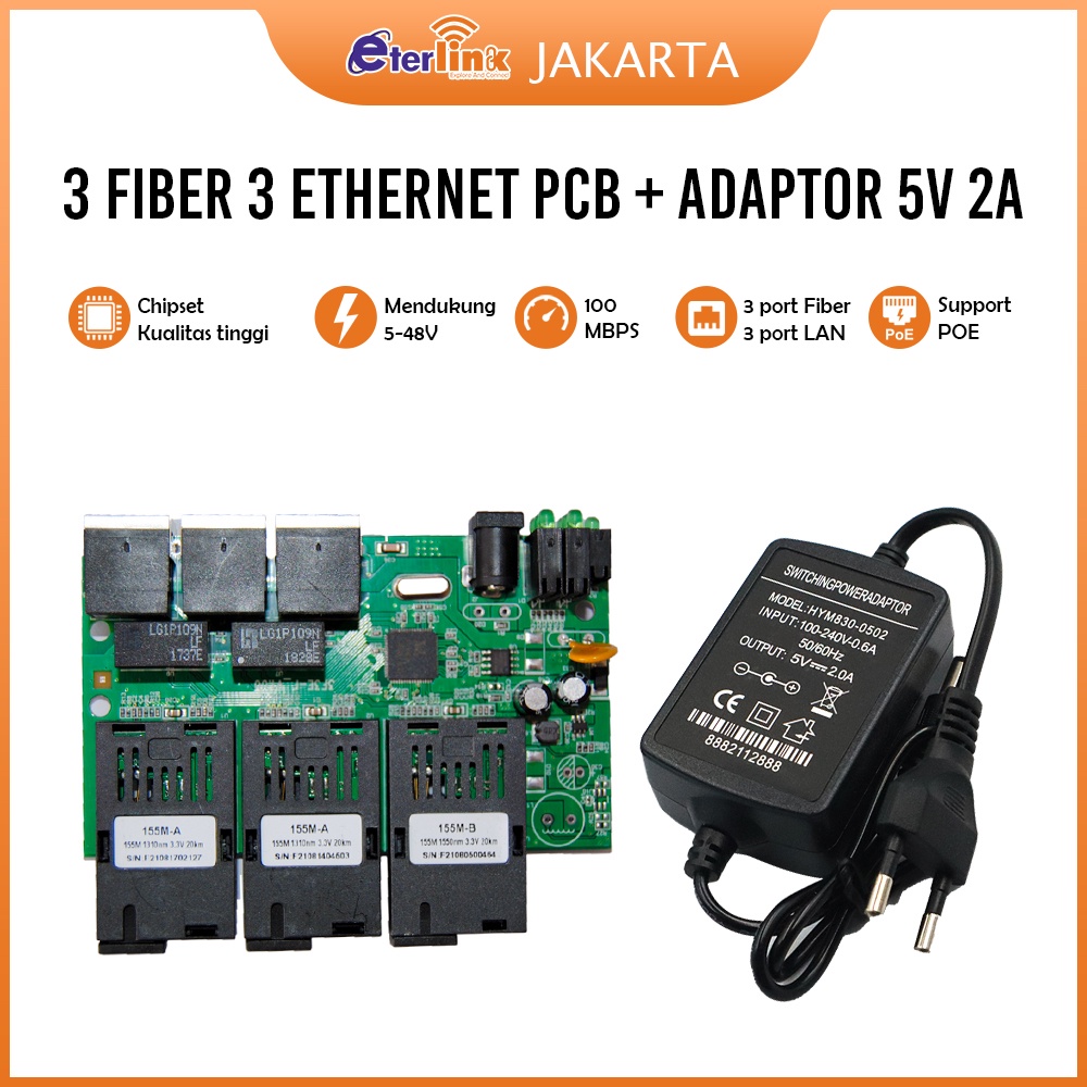 Jual 3FO 3LAN 3SC3E 10/100M Reverse POE Media Converter HTB Green Board Dengan Adaptor 5V2A ...
