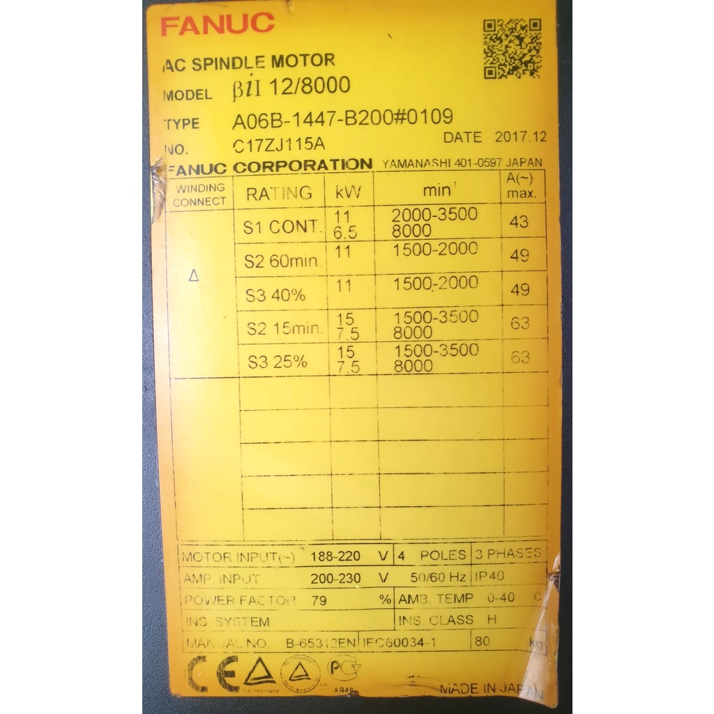 Jual FANUC AC SPINDEL MOTOR MODEL BIl 12/800 TYPE A06B-1447-B200#0109 ...