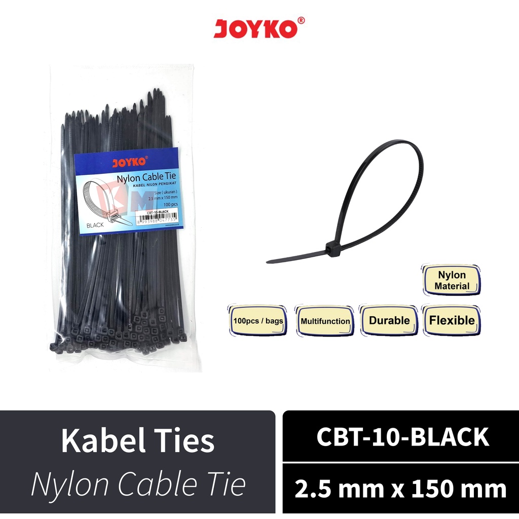 Jual Nylon Cable Tie Kabel Ties Nilon Joyko CBT-10-Black 2.5 mm x 150 ...