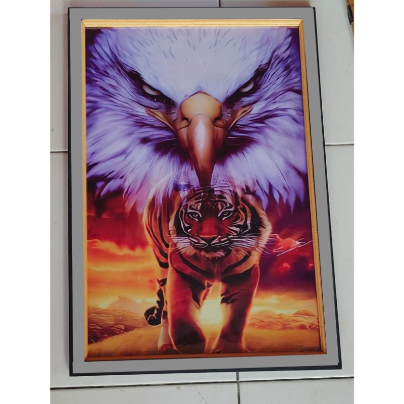 Jual hiasan dinding lukisan cetak harimau & kepala elang plus bingkai ...
