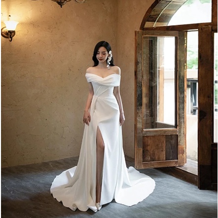 Jual Off-Shoulder Putih Elegan Gaun Pengantin Split Tinggi Gaun ...