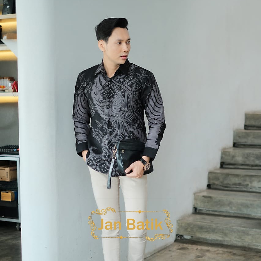 Jual baju batik pria lengan panjang modern kemeja slim fit cowok modern ...