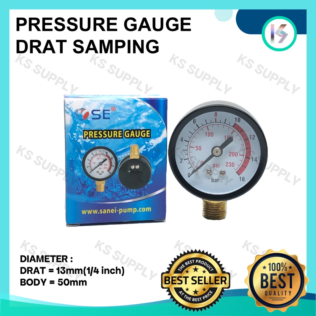 Jual PRESSURE GAUGE AMPER 1/4 DRAT SAMPING ALAT UKUR TEKANAN POMPA AIR ...