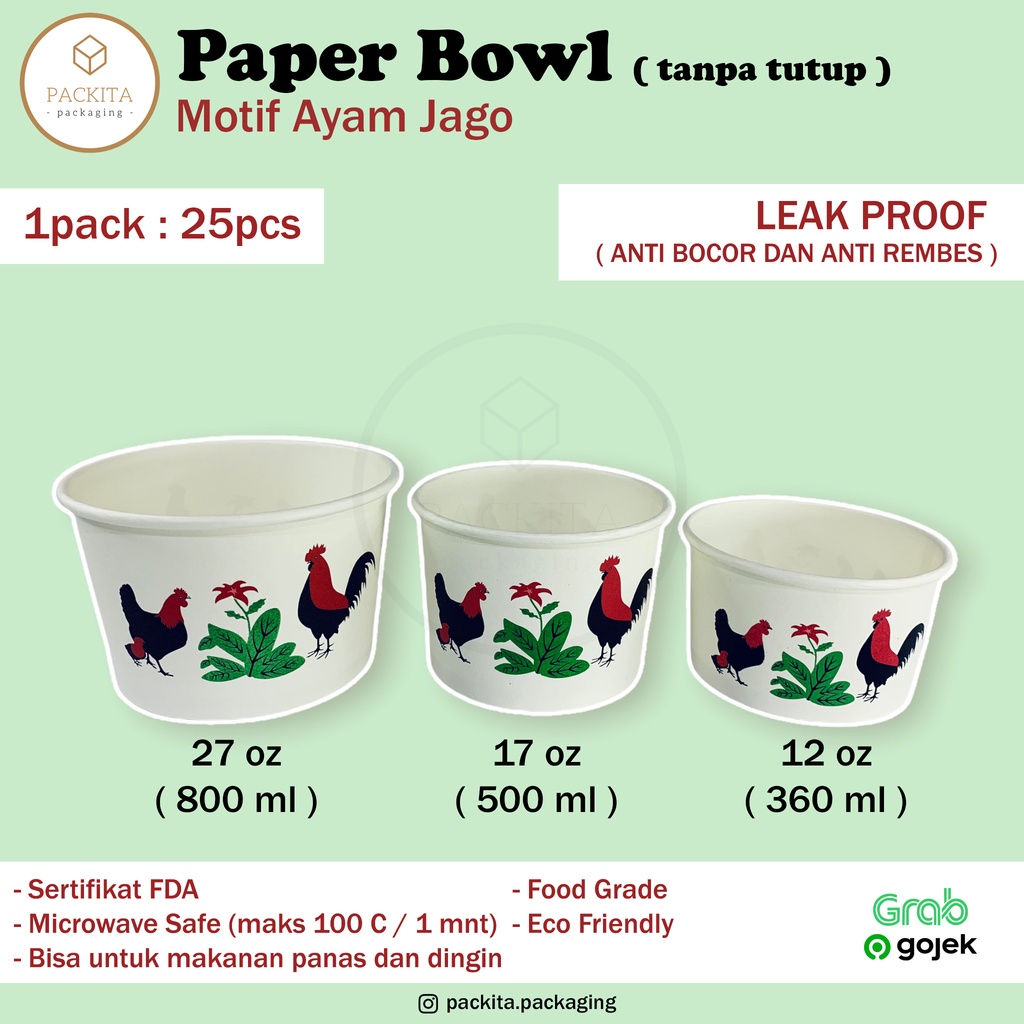 Jual Paper Bowl / mangkok kertas 360/500/800ml motif ayam Jago (tanpa ...