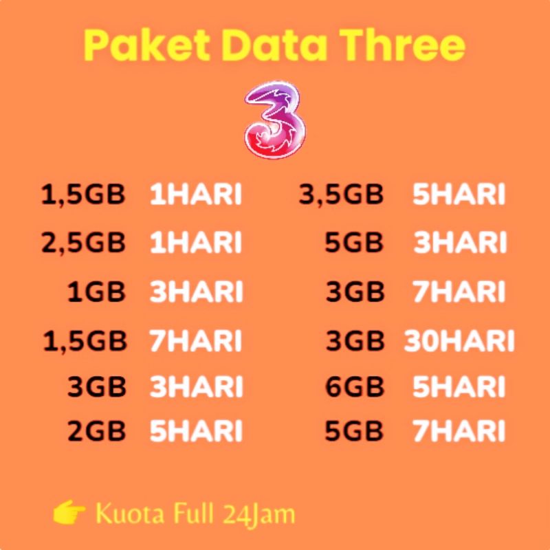 Jual Paket Data Three Kuota Tri Full 24Jam | Shopee Indonesia