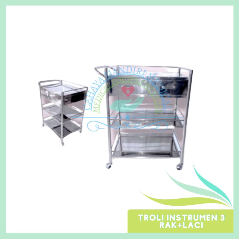 Jual troli instrumen 3 rak laci stainless | Shopee Indonesia