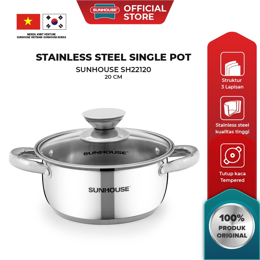 Jual Sunhouse Stainless Steel Single Pot+Tutup Kaca 20 cm 1 Pcs SH22120 ...