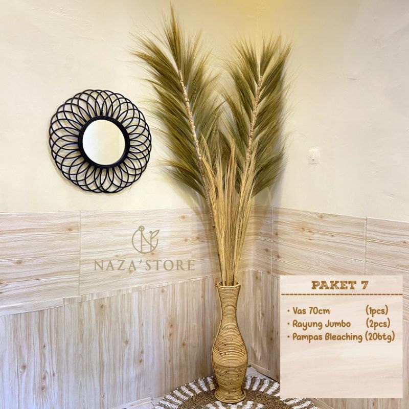 Jual DEKORASI RUSTIC Daun Kering Pampas Rayung Jumbo Dengan Vas Rotan ...