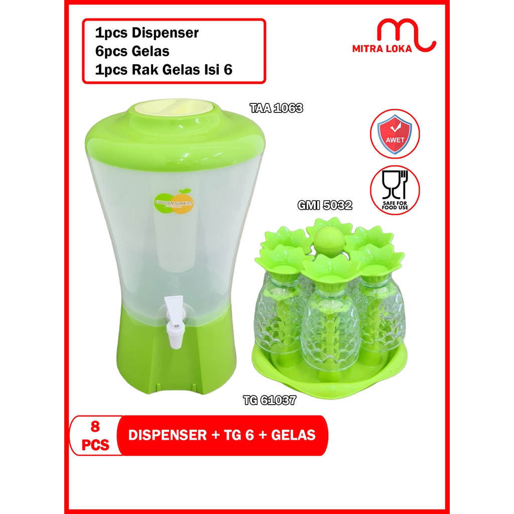 Jual Mitra Loka Dispenser Set Gelas Nanas Dan Tatakan 6 Gelas Golden ...
