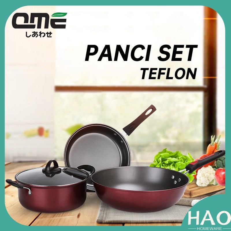 Jual Panci Wajan Teflon Set isi 3 pcs QME Alat Dapur Set Anti Lengket Penggorengan Dengan ...