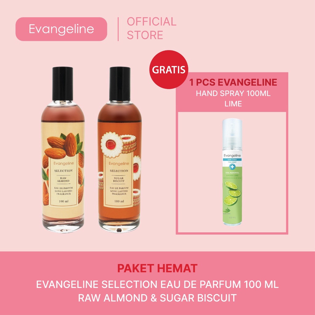 Jual Paket Bundle Evangeline Eau De Parfum Raw Almond & Sugar Biscuit 100ml Get Free Hand Spray ...