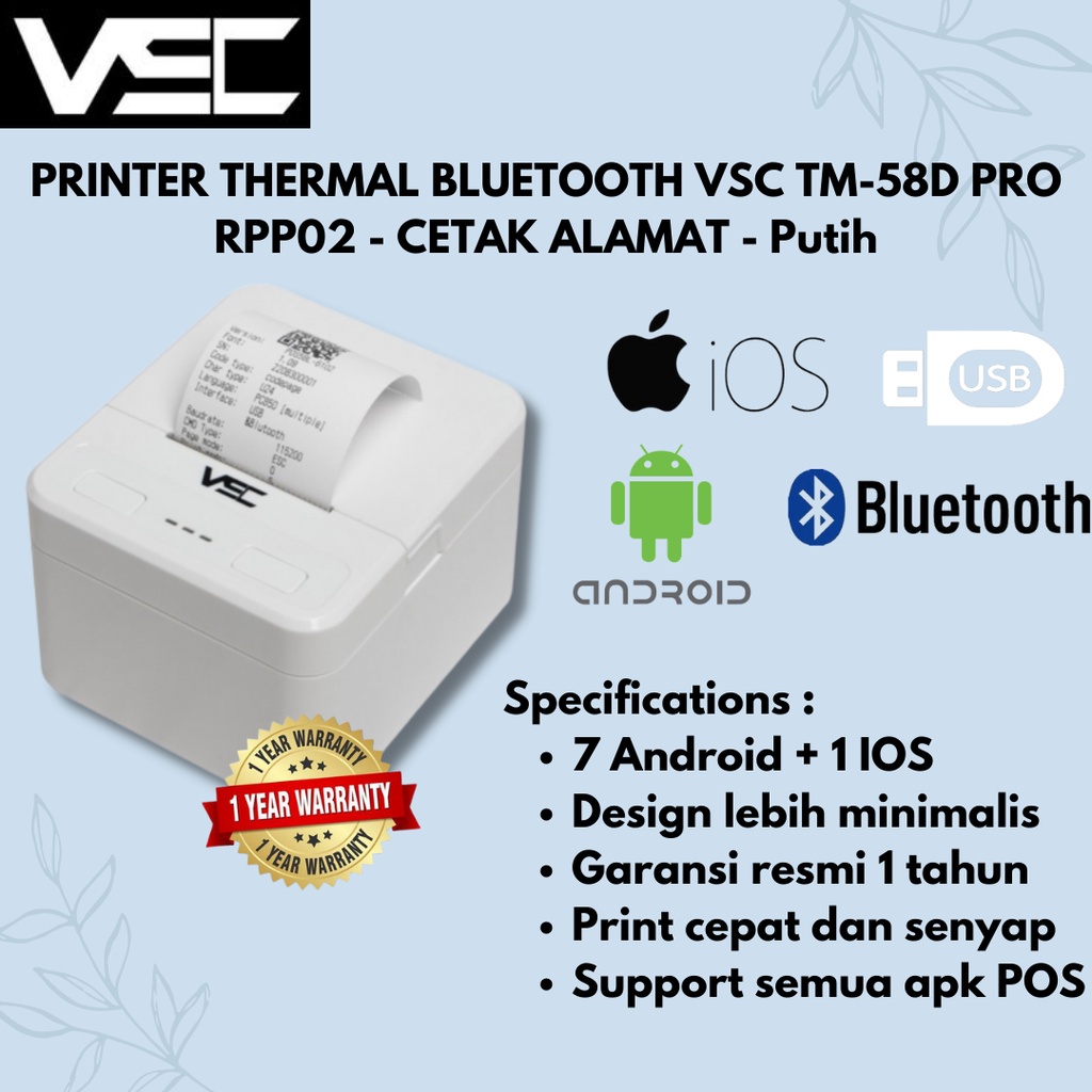 Jual PRINTER THERMAL BLUETOOTH VSC TM-58D PRO RPP02 - CETAK ALAMAT ...