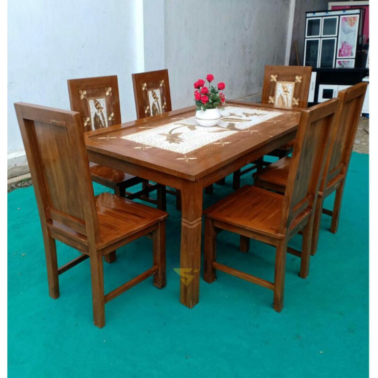 Jual Meja Makan Minimalis kayu Jati+kaca meja Kursi 6 Bunga hanya ...